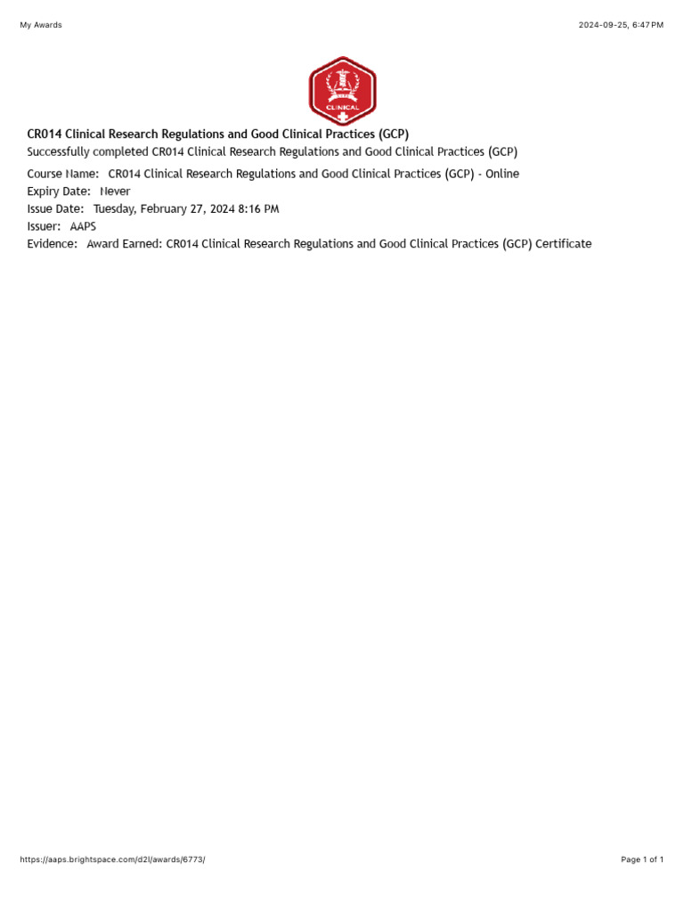 CR014 Clinical Research GCP Certificate | PDF | Business