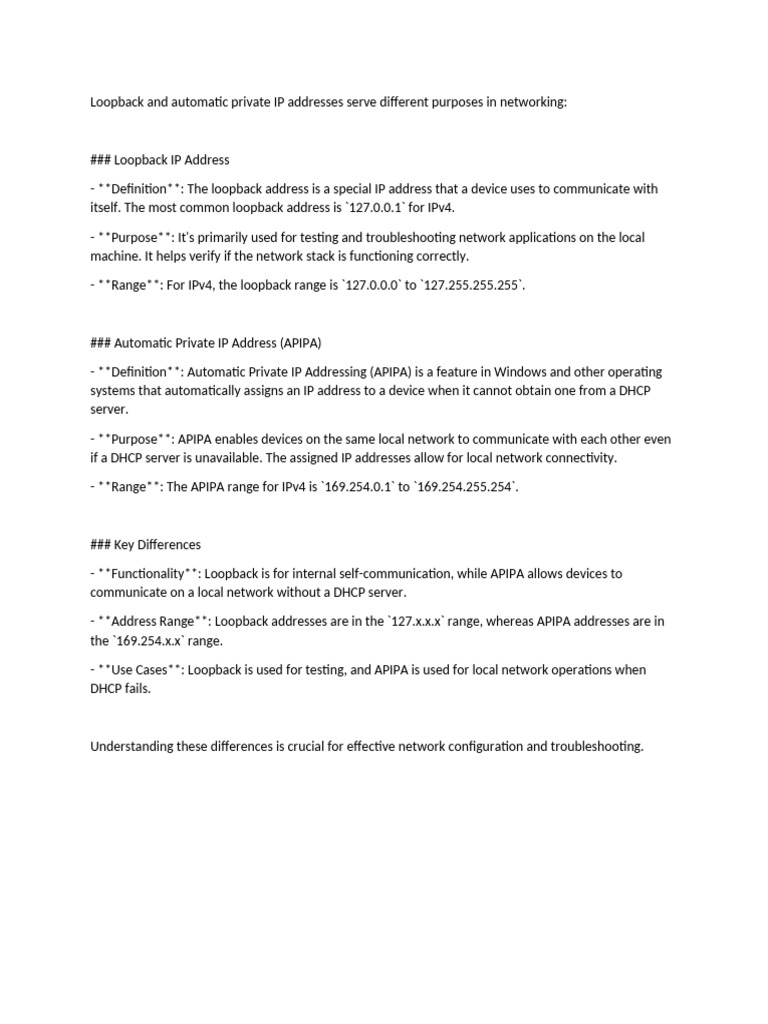 Loopback and Automatic Private IP Addresses Serve Different Purposes in ...