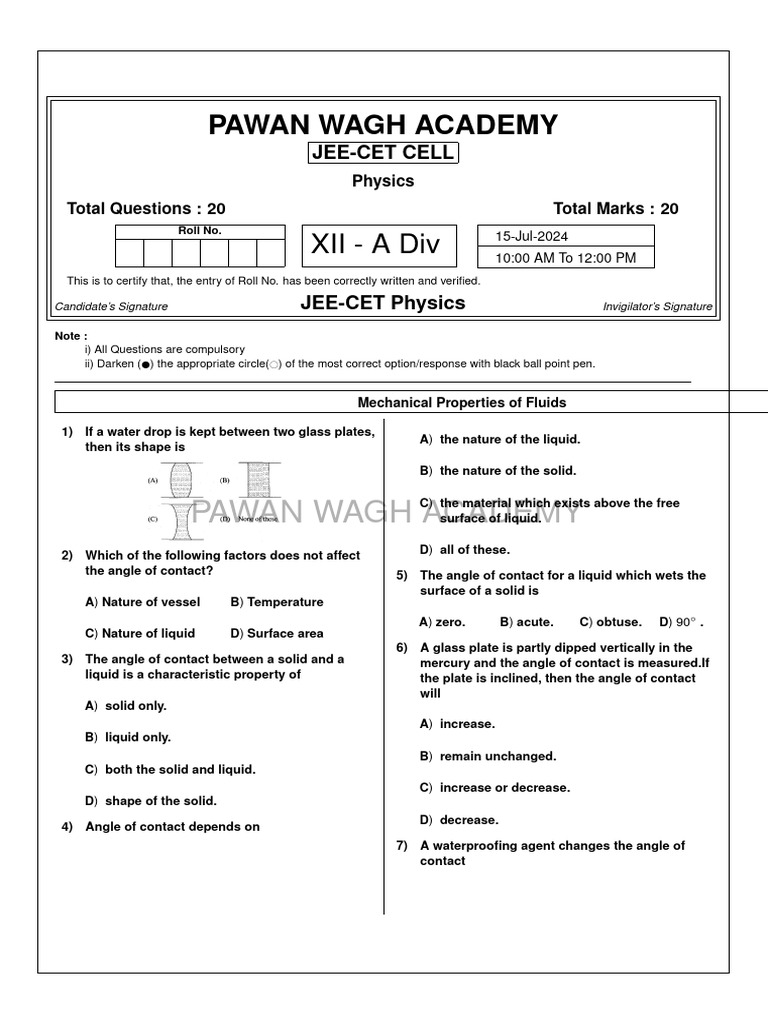 Mechanical Properties of Fluids DPP-4 | PDF | Adhesion | Surface Tension