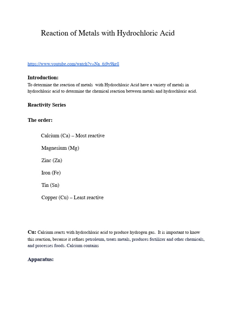 Investigating The Reaction of Metals With Hydrochloric Acid | PDF