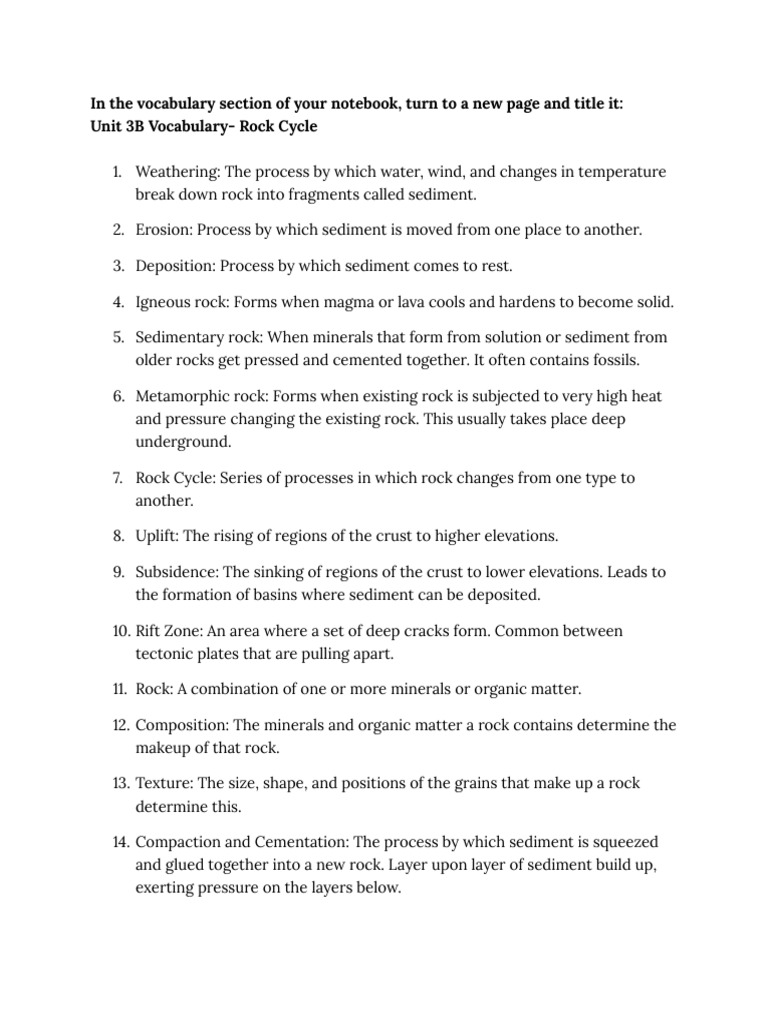 Unit 3B Vocabulary - Rock Cycle | PDF