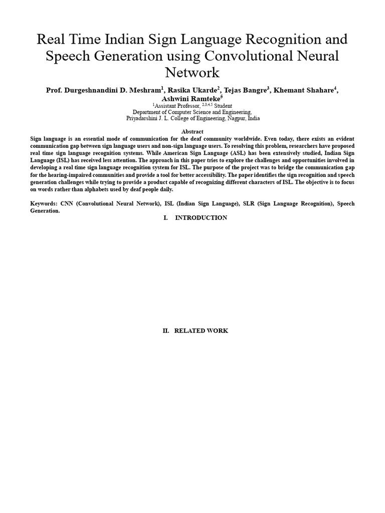 Real Time Indian Sign Language Recognition and Speech Generation Using ...