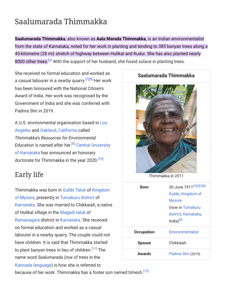 Saalumarada Thimmakka - Wikipedia | PDF