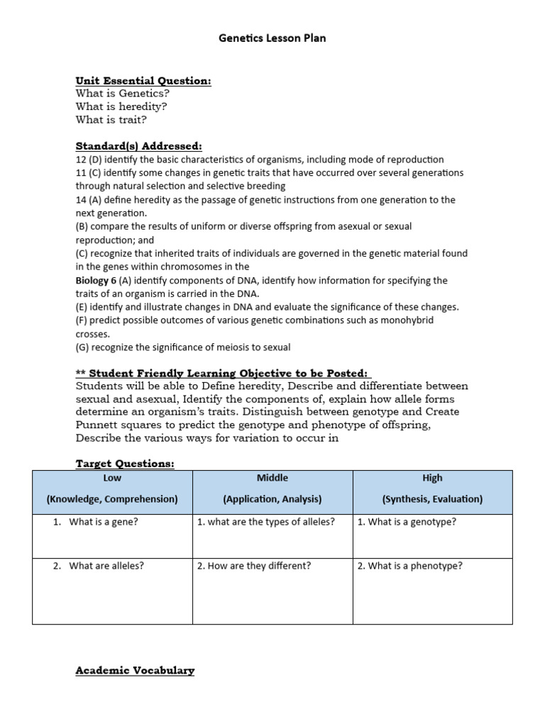 Genetics lesson plan | PDF | Sexual Reproduction | Dominance (Genetics)