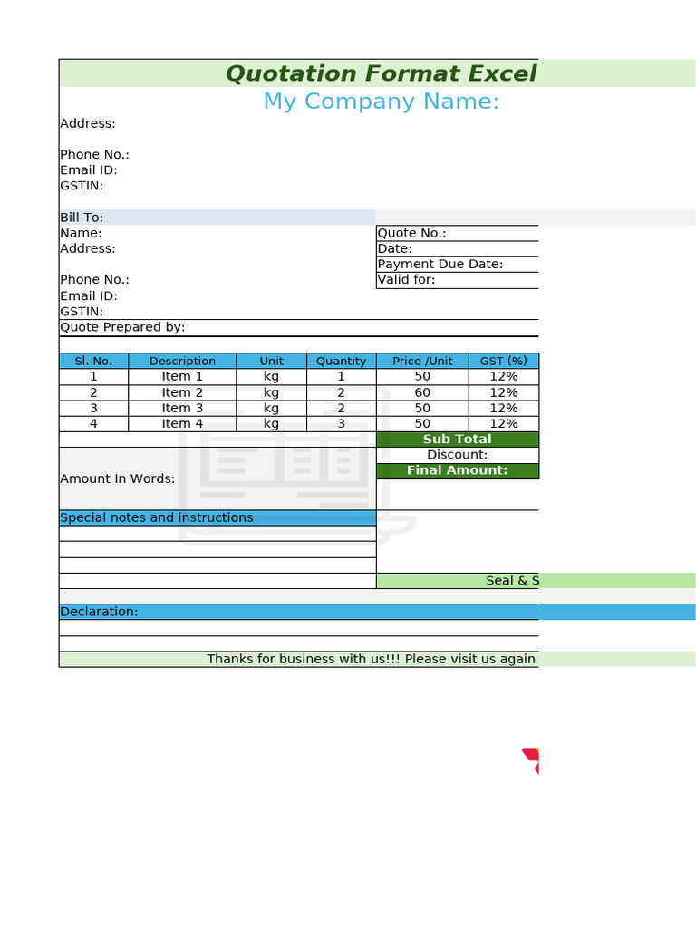 Quotation Format in Excel 03 | PDF | Finance & Money Management