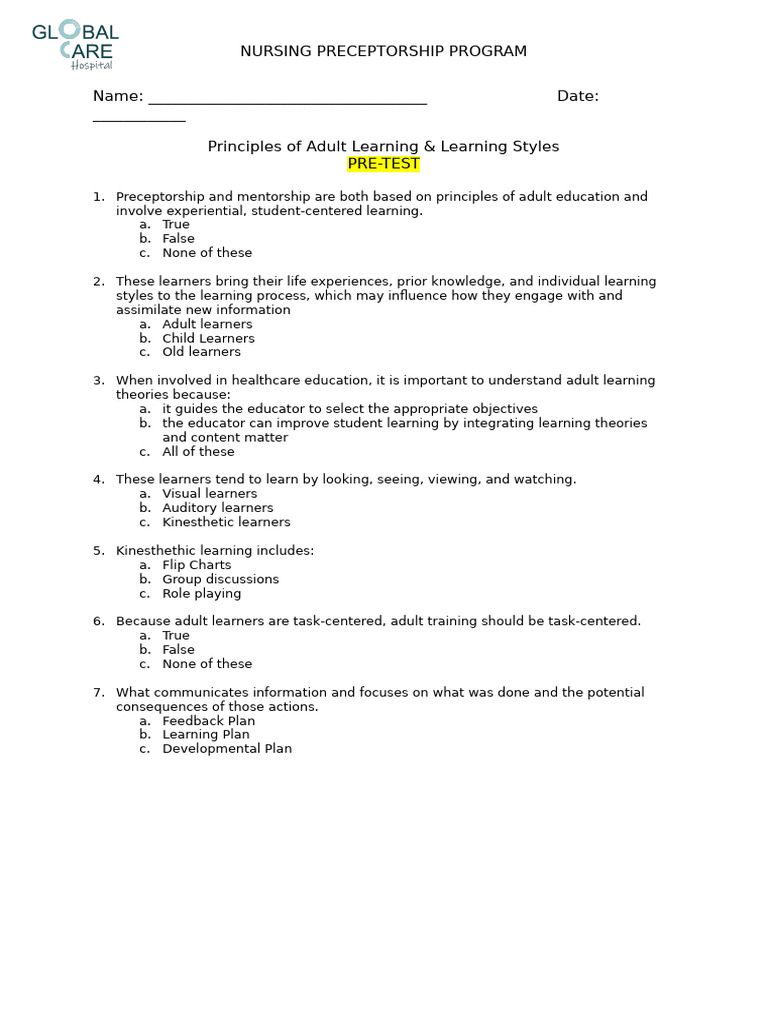 Principles of Adult Learning & Learning Styles PRE & POST Test | PDF ...