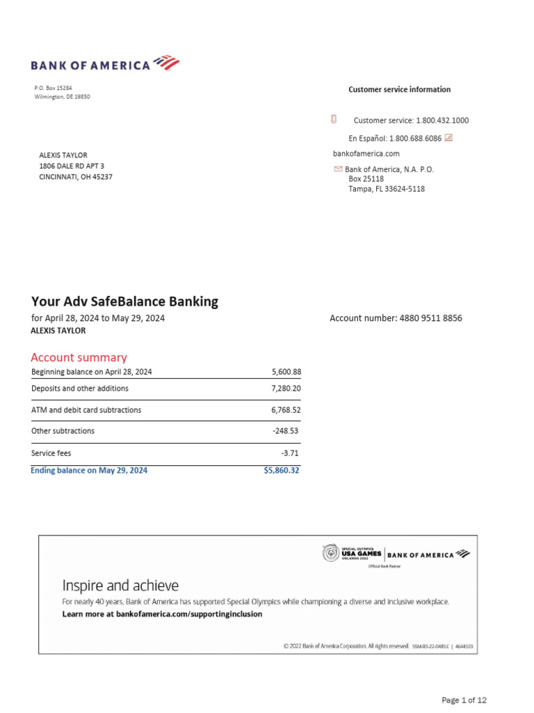 Alexis Taylor Apr 28 - May 29 BOA Bank Statement | PDF | Banks | Online ...