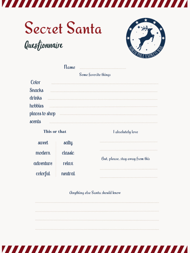 Red White Traditional Secret Santa Gift Exchange Questionnaire Letter | PDF