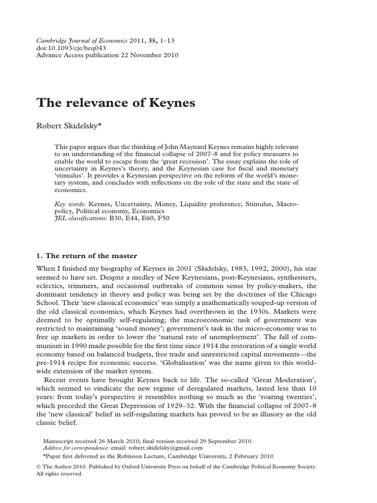Robert Skidelsky - The Relevence of Keynes | PDF | John Maynard Keynes ...