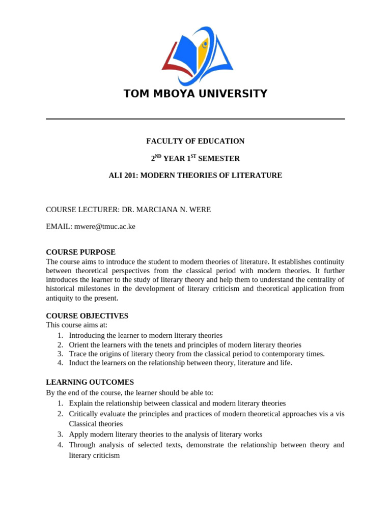 ALI 201 Modern Theories of Literature Course Outline | PDF | Literary ...