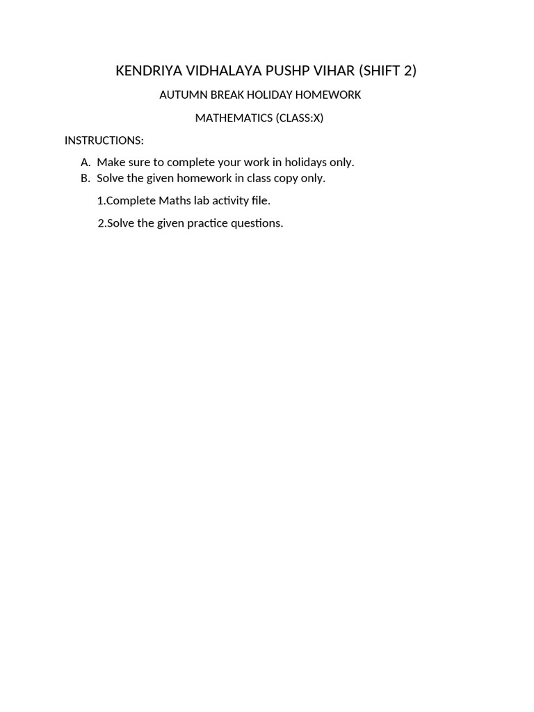 Autumn Break Homework Classx (24-25) | PDF