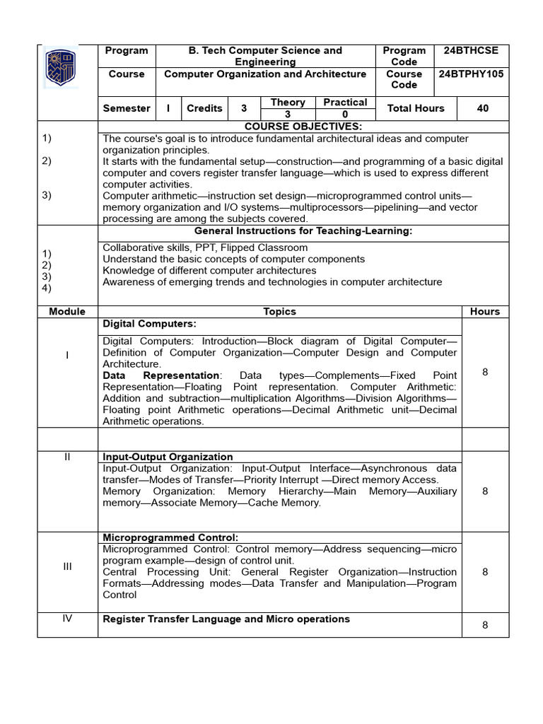 Revised COA Syllabus | PDF | Central Processing Unit | Computer Architecture