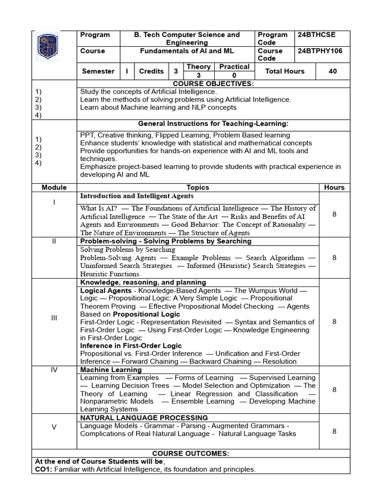 Fundamentals of AI and ML - Syllabus | PDF | Artificial Intelligence ...