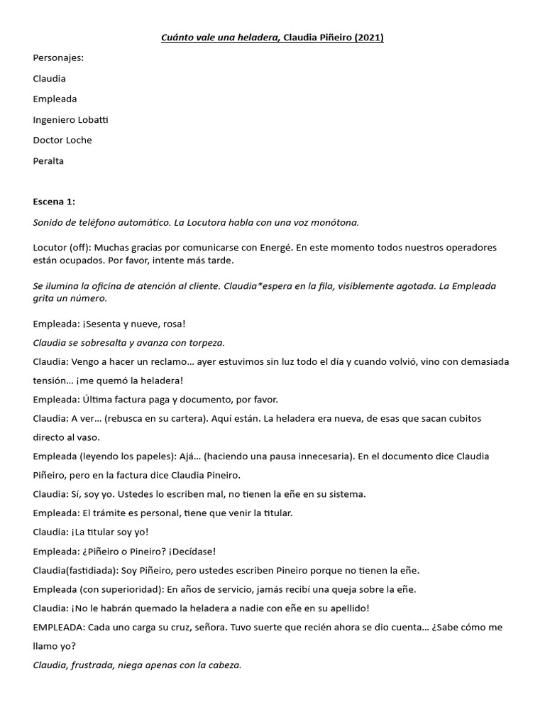 Obra Resumida Cuanto Vale Una Heladera Claudia Pi-Eiro | PDF | Estudios de idiomas extranjeros