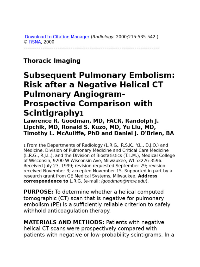 Negatve PE CT Scan 1% PE in Followup 100patients | PDF