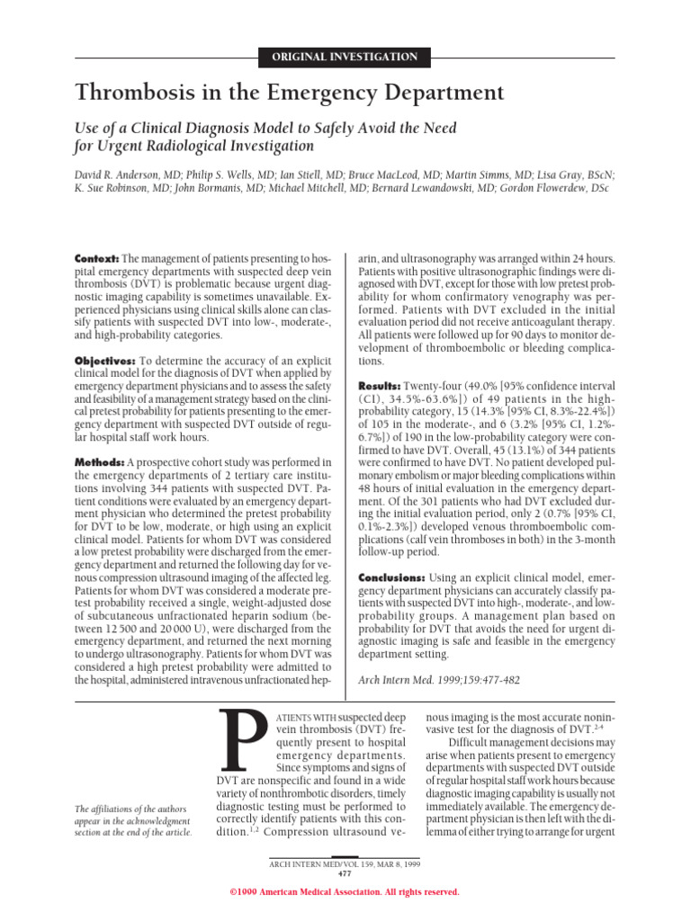 Wells criteria for Clinical DVT risk score for delayed imaging | PDF ...