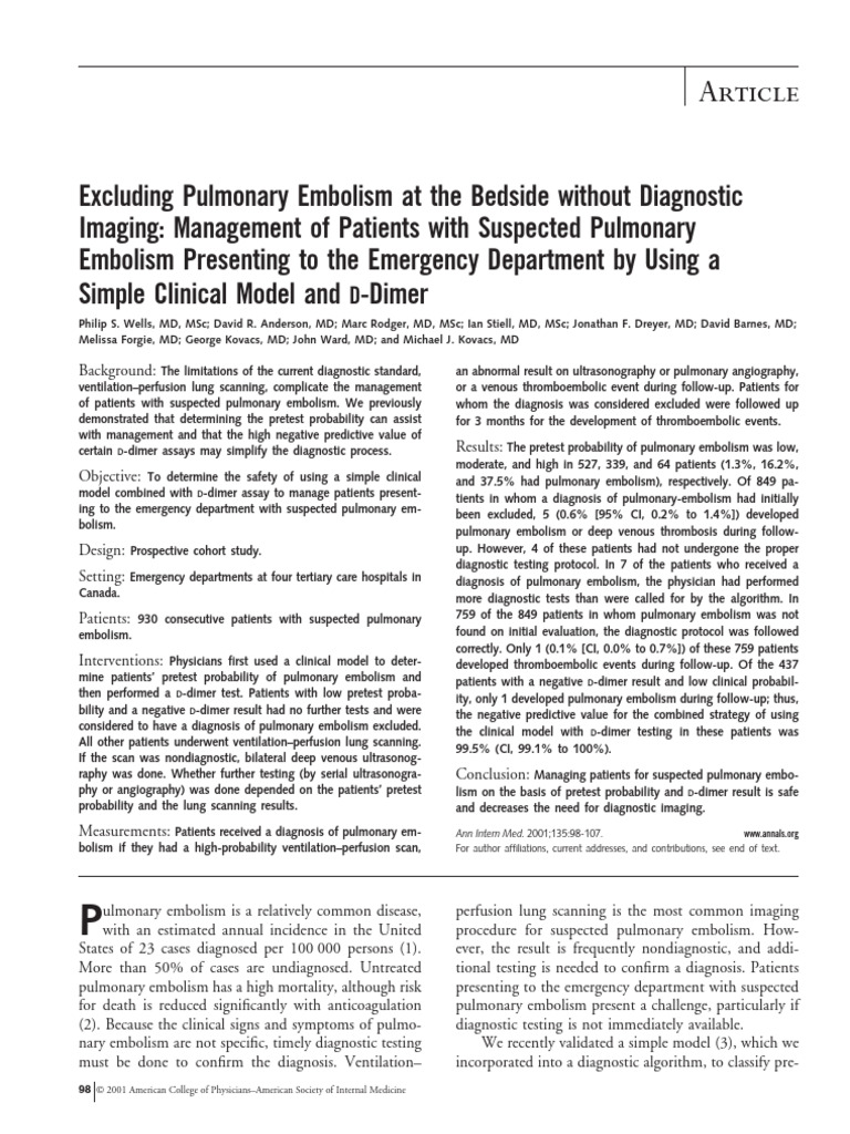 Wells Paper on PE | PDF | Thrombosis | Medical Diagnosis