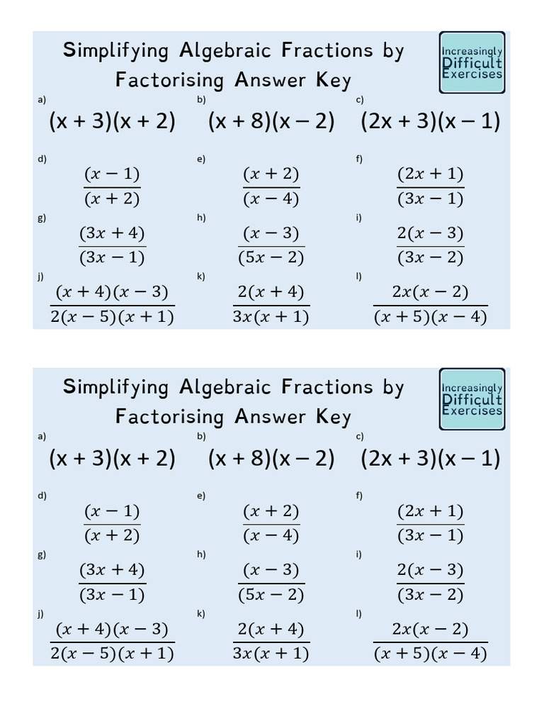 Factorising To Simplify Algebraic Fractions 01 Answers | PDF