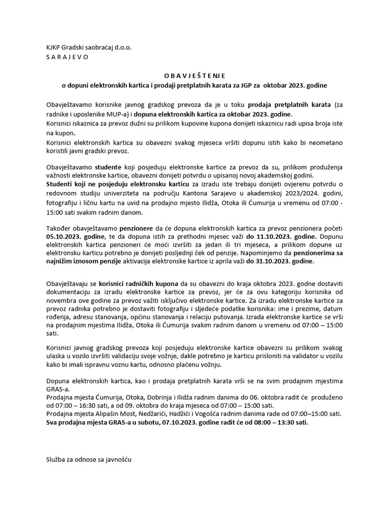 Prodaja Pretplatnih Karata I Dopuna Elektronskih Kartica Za JGP Za Oktobar 2023. Godine | PDF