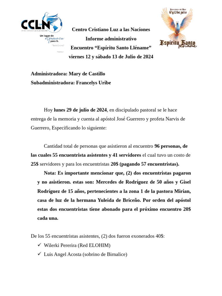 Encuentro Espiruto Santo Llename CCLN Julio 2024 | PDF | Panes | Cocina ...