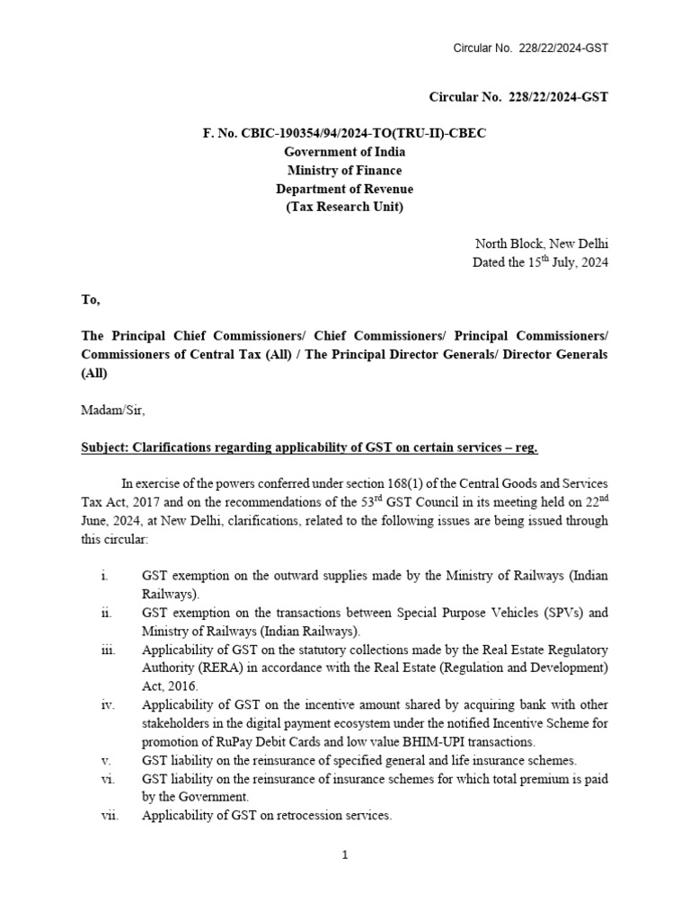 Circular Services 228 22 2024 GST | PDF | Value Added Tax | Reinsurance
