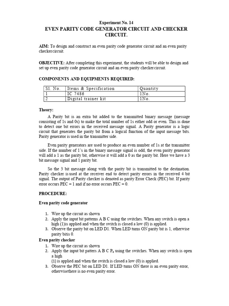 even parity generator and parity checker | PDF | Bit | Telecommunications