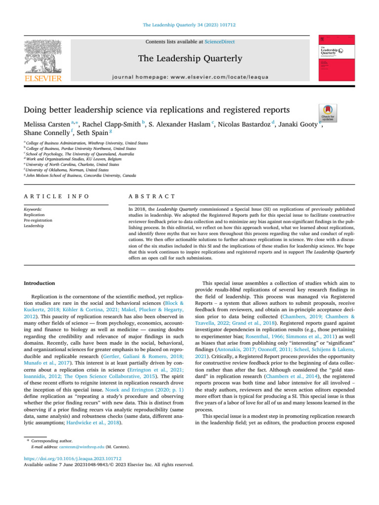 Doing Better Leadership Science Via Replications and Registered Reports ...