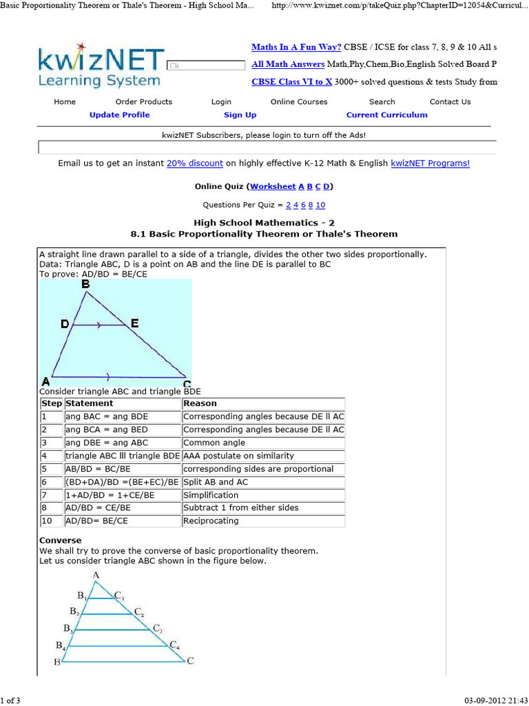 Basic Proportionality Theorem or Thale's Theorem - High School Mathematics - 2 - kwizNET Math ...