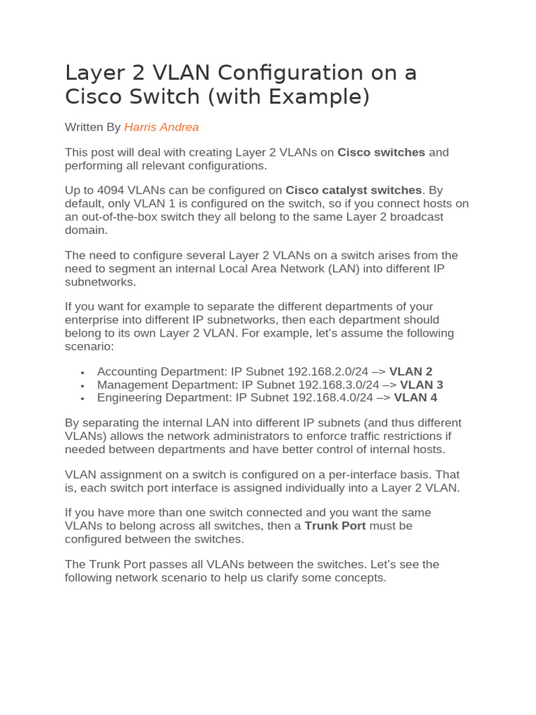 Layer 2 VLAN Configuration On A Cisco Switc2 | PDF | Ip Address | Telecommunications