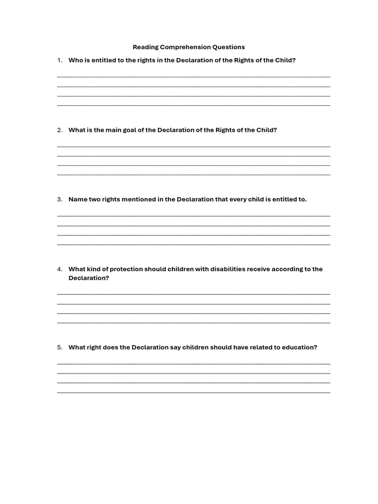 DECLARATION OF THE RIGHTS OF THE CHILD Comprehension Questions | PDF ...