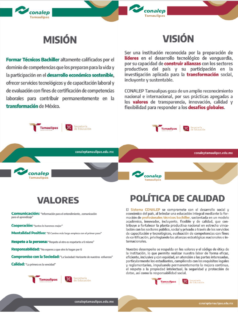 MISION,VISIÓN, VALORES POLITICA DE CALIDAD PARA ALUMNOS | PDF