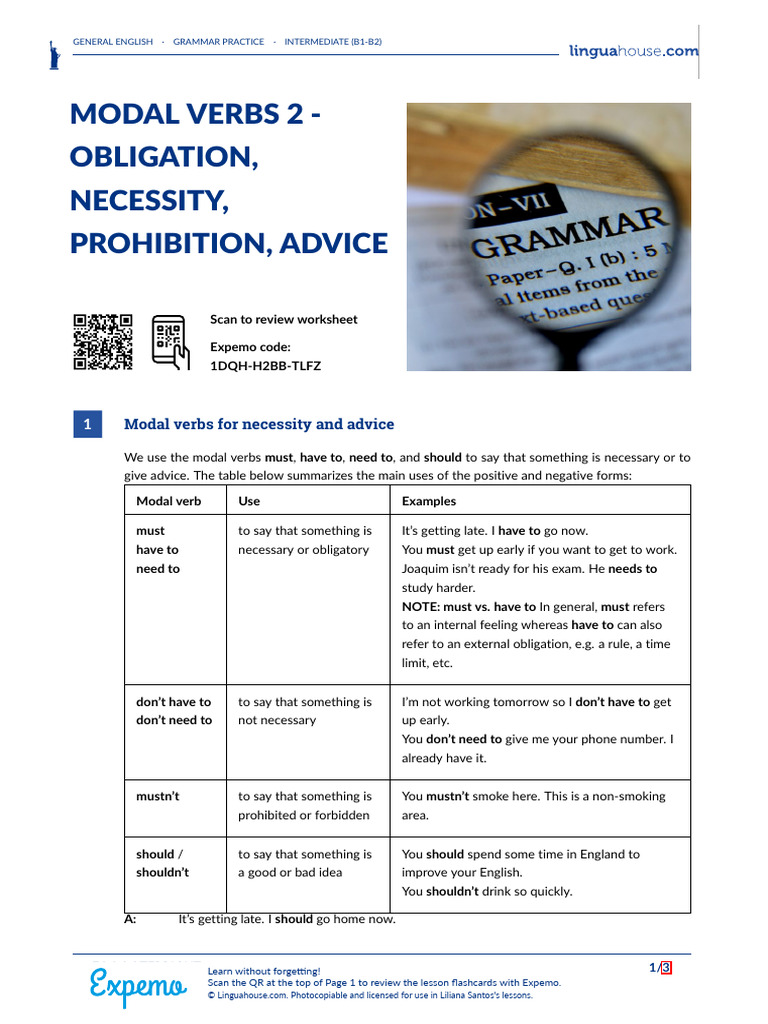 Modal Verbs 2 Obligation Necessity Prohibition Advice American English ...