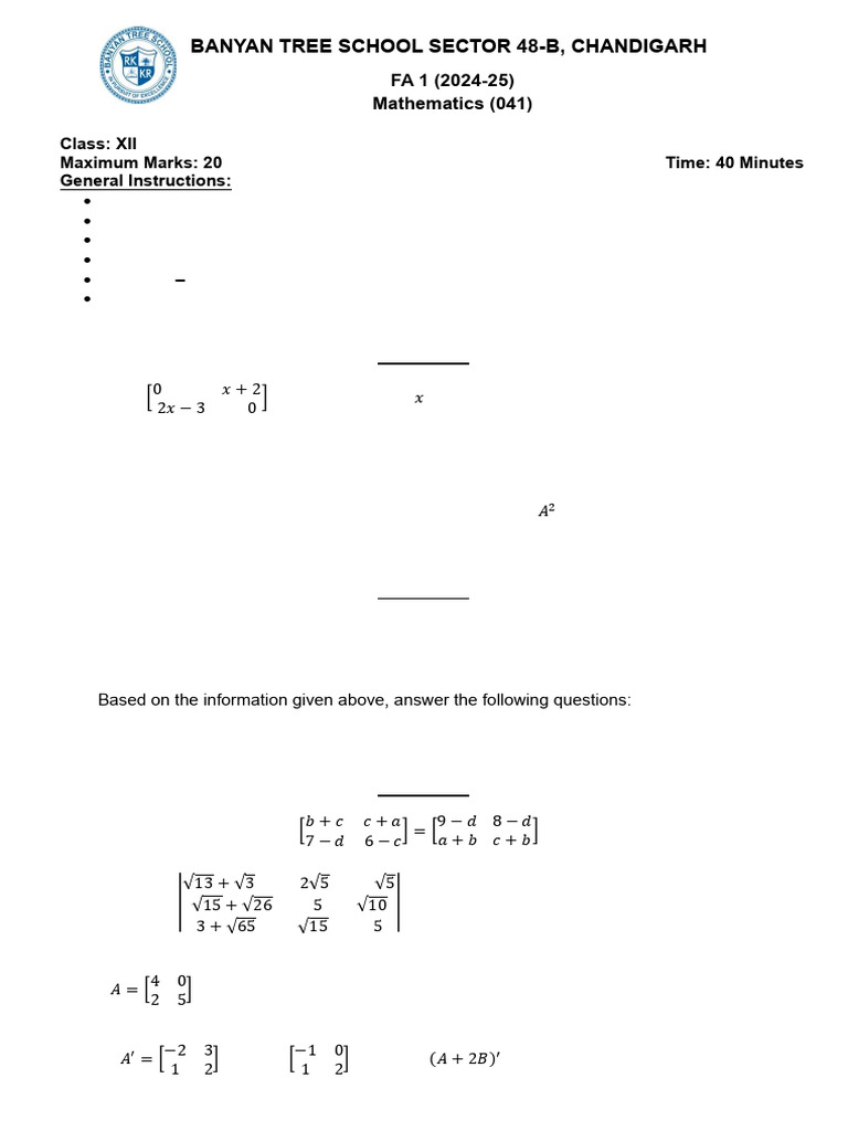 XII_MATHEMATICS_FA-1_ | PDF | Functions And Mappings | Applied Mathematics