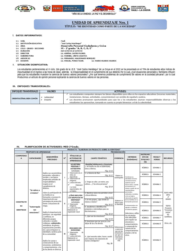 PRIMERA UNIDAD DE APRENDIZAJE-DPCC-2°-2023 | PDF | Aprendizaje | Las emociones