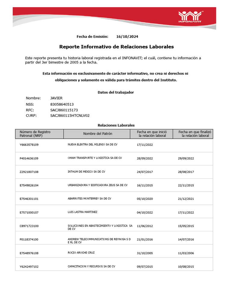 Historial Laboral INFONAVIT | PDF