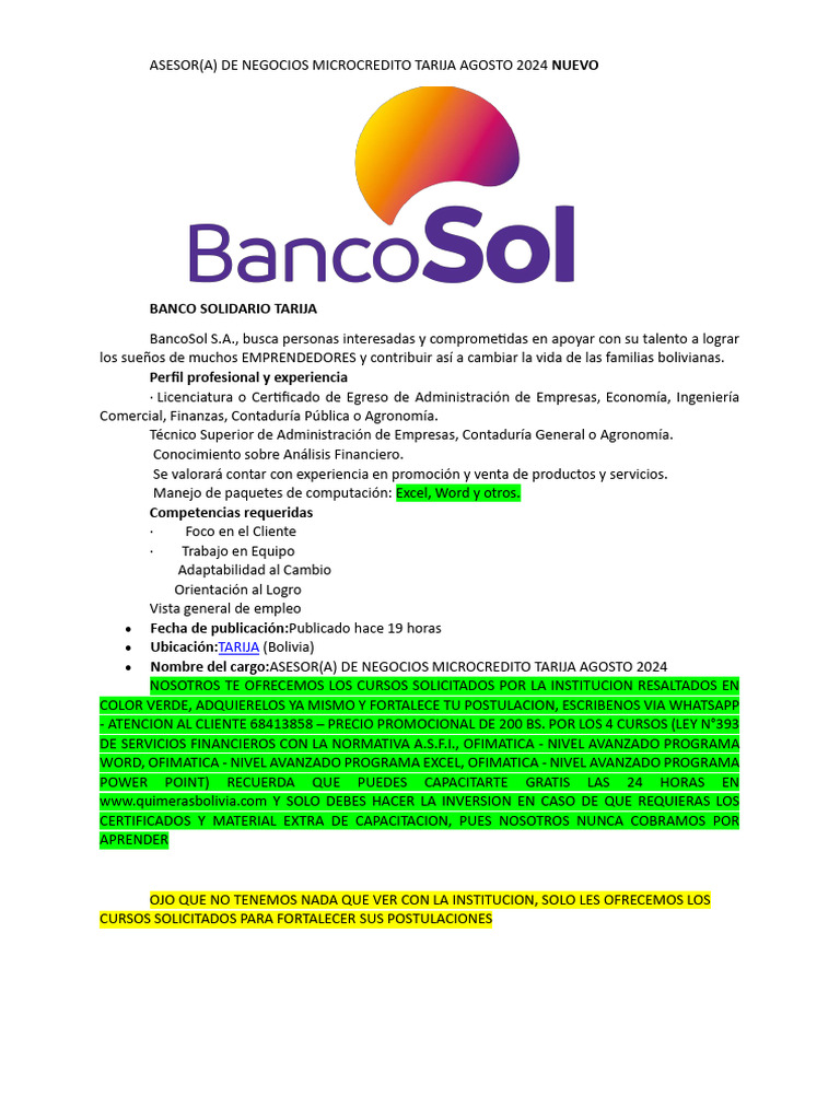 Asesor de Negocios Banco Sol Tarija | PDF