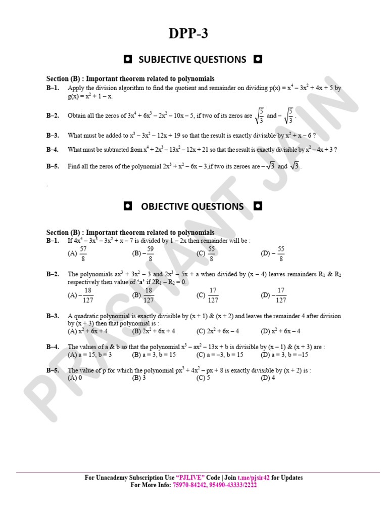 Dpp-3 Division Algorithm, Factor & Remainder Theorem | PDF | Polynomial | Factorization
