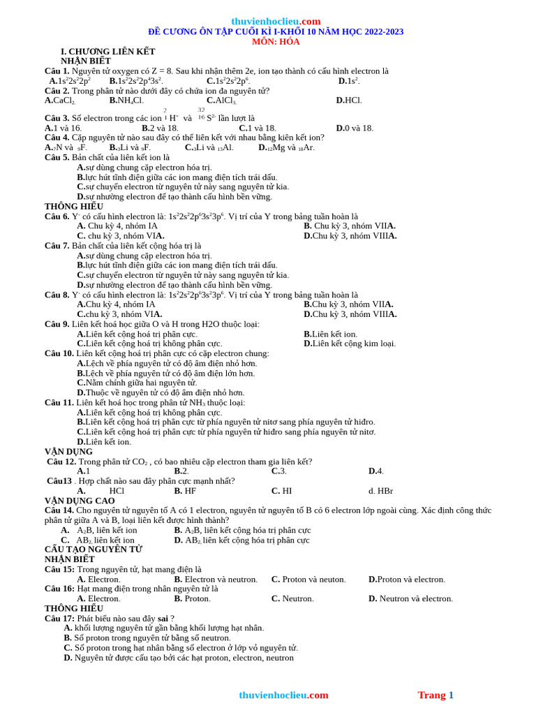 HÓA 10 ĐỀ HK1 - PHOTO | PDF
