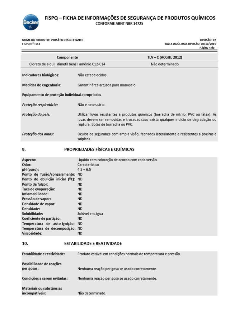FISPQ do Desinfetante Versátil | PDF | Química | Solubilidade
