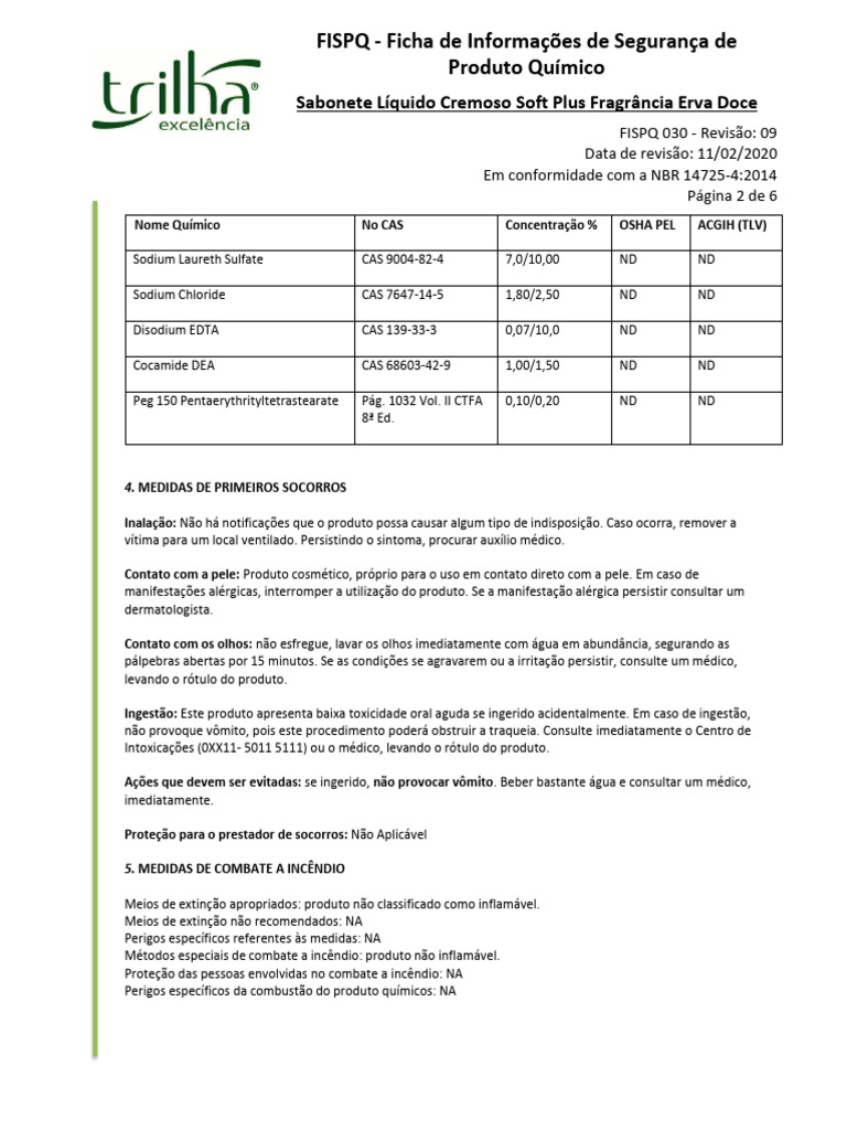 FISPQ Sabonete Líquido Soft Plus Erva Doce | PDF | Especialidades ...
