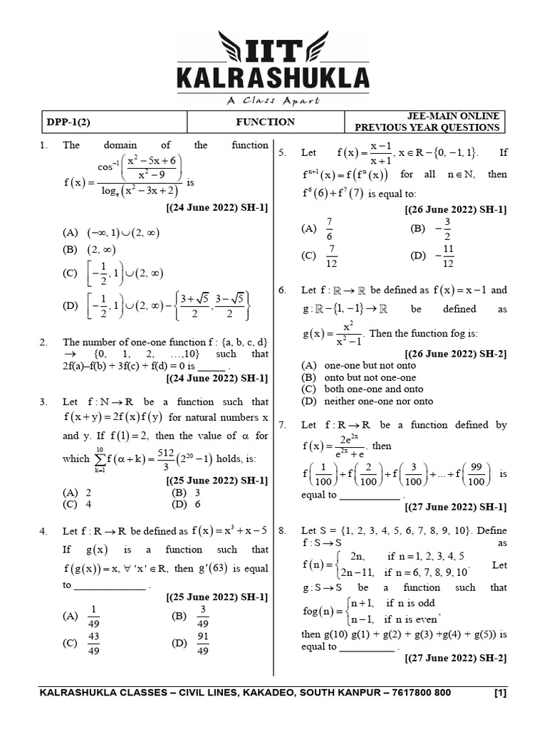 DPP-1 (2) (Functions) From JEE MAIN Online (2023-24) | PDF | Function (Mathematics ...