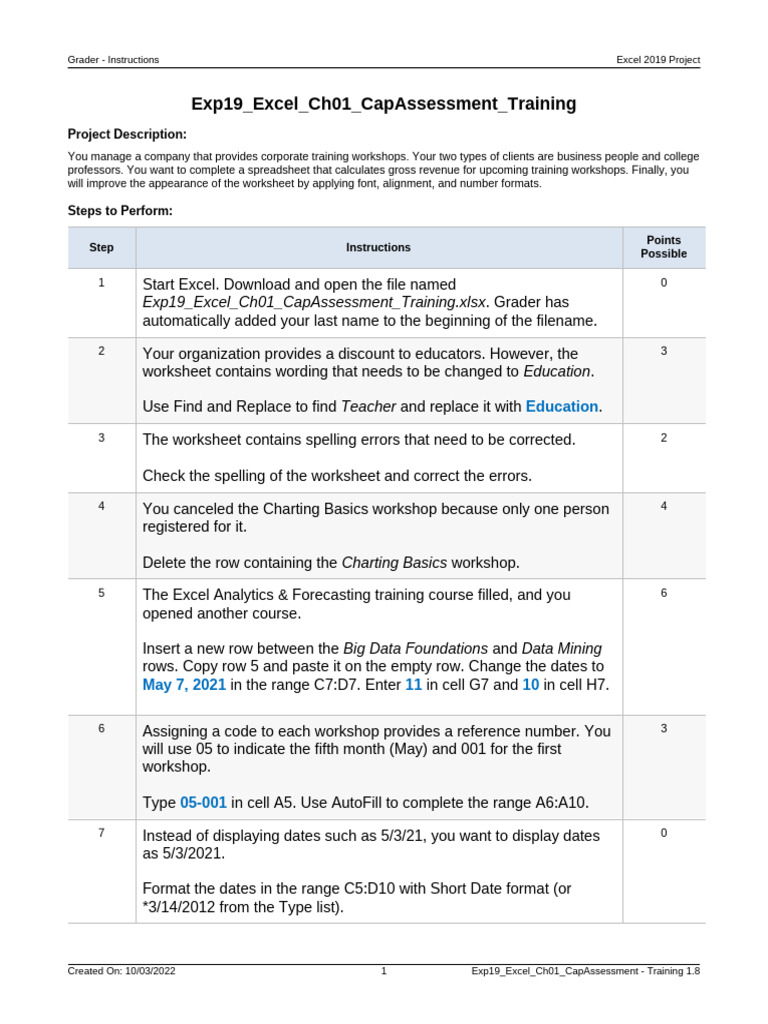 Exp19 Excel Ch01 CapAssessment Training Instructions | PDF | Microsoft ...