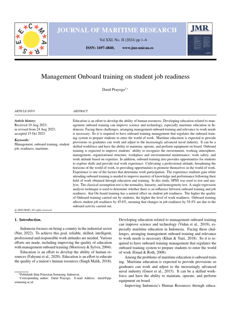 Journal of Maritime Research: Management Onboard Training On Student ...
