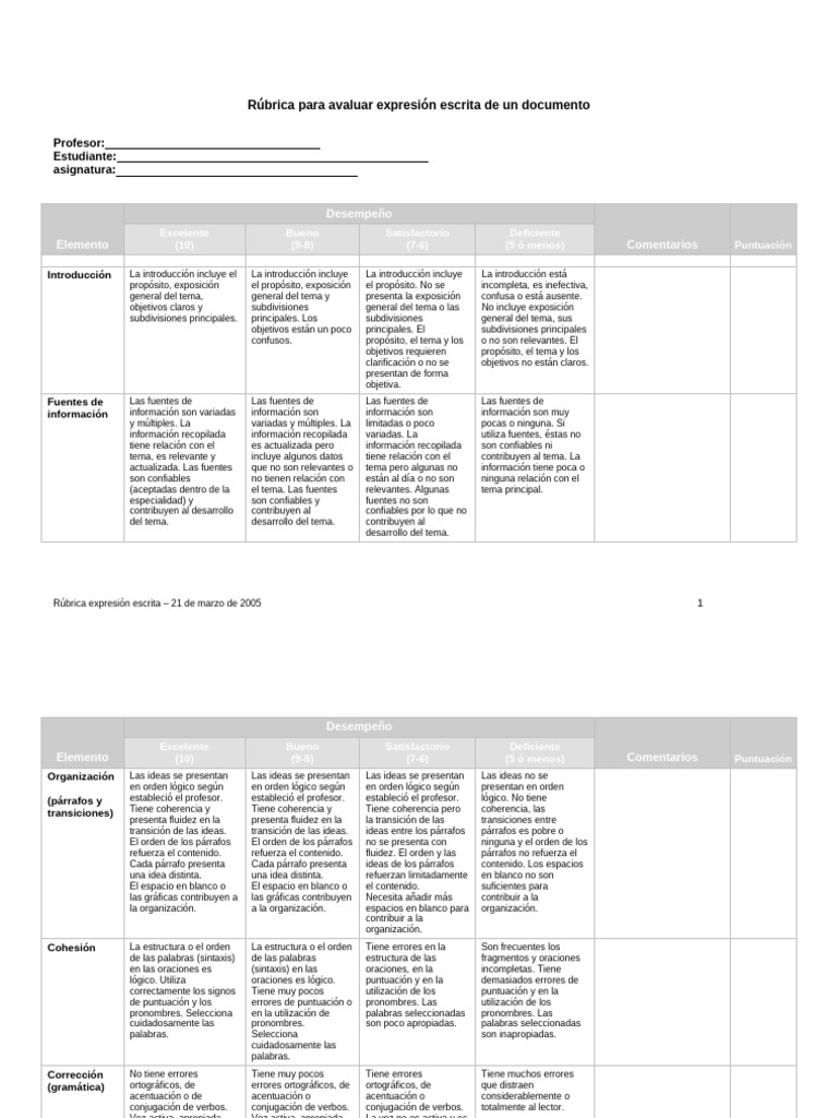Rúbrica Expresión Escrita-Marzo2005 | PDF | Oración (Lingüística ...