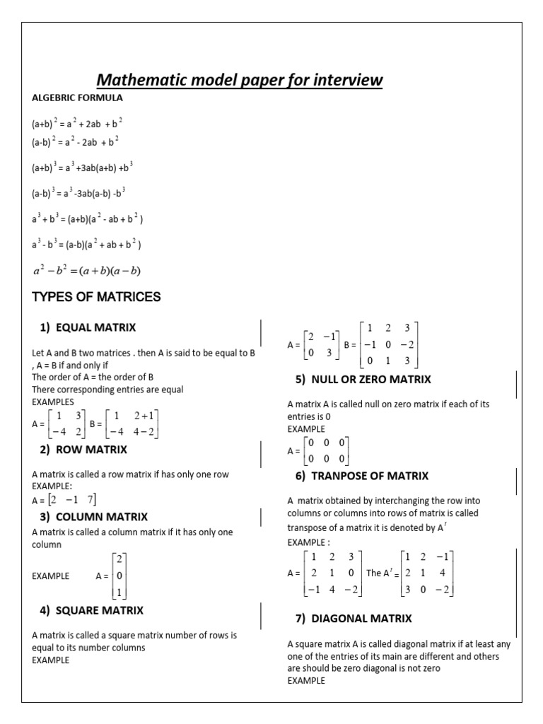 Model Paper MATH | PDF | Matrix (Mathematics) | Numbers