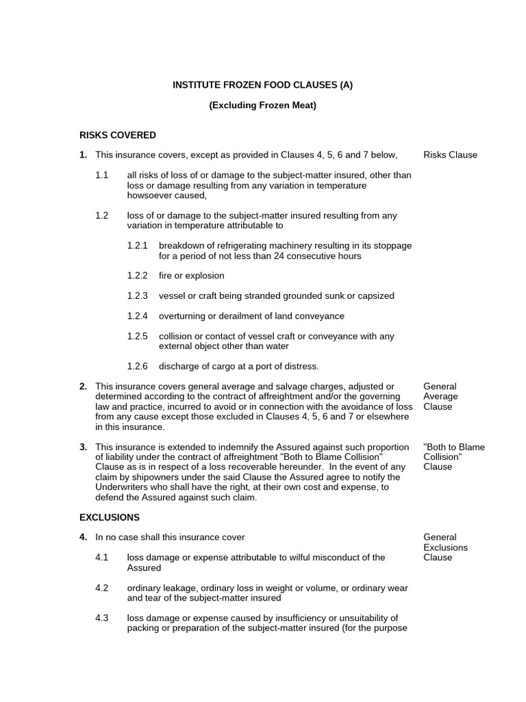 Institute Frozen Food Clauses (A) (Excluding Frozen Meat) | PDF ...