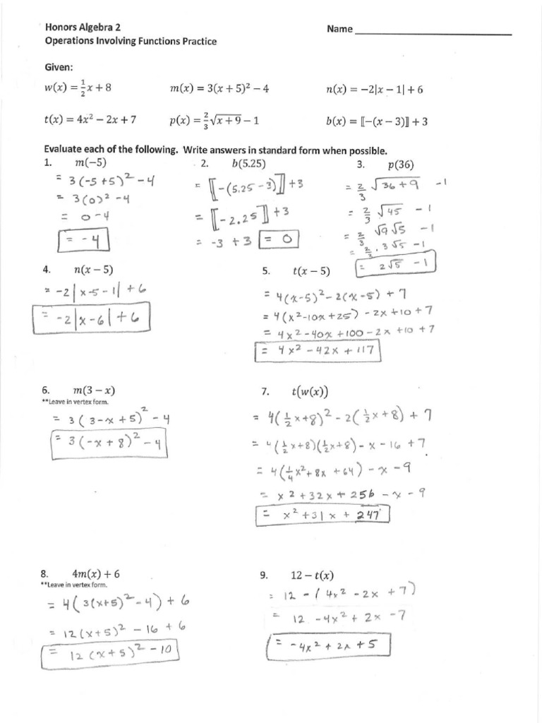 2 Operations With Functions Practice Key | PDF