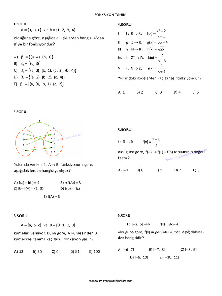 Fonksiyon Tanımı Sorular | PDF
