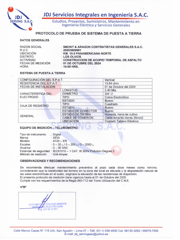 Protocolo Spat Av. Panamericana KM 19.5 | PDF | Ingenieria Eléctrica | Electricidad