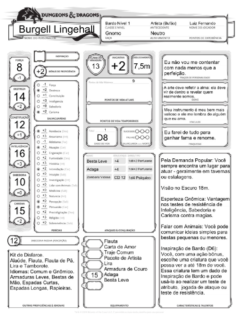 Ficha Pronta Bardo Gnomo D&D | PDF